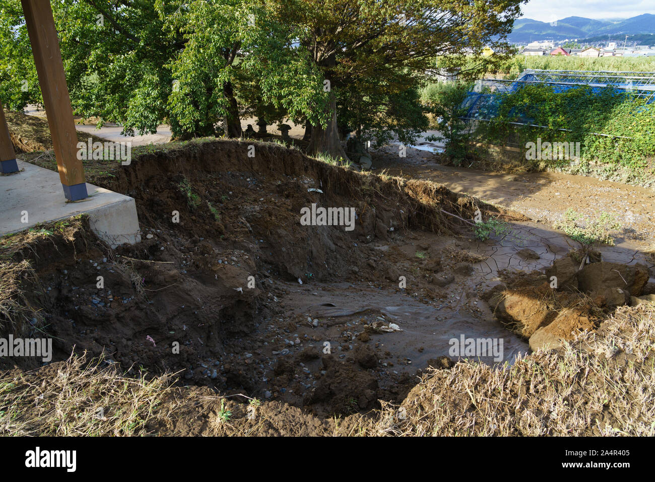 The Chikuma River overflows due to Typhoon Hagibis in Nagano Prefecture ...