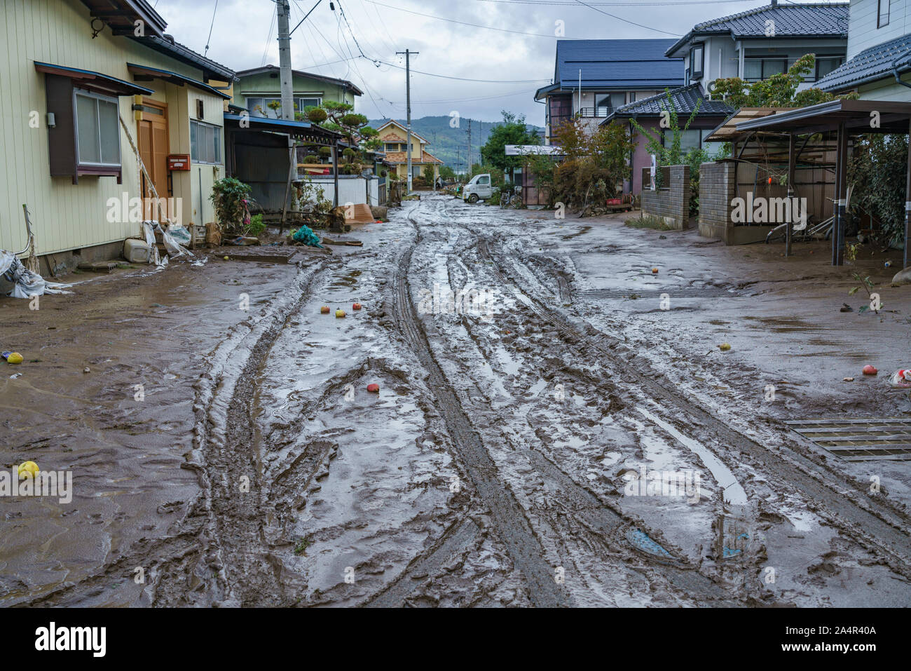 The Chikuma River overflows due to Typhoon Hagibis in Nagano Prefecture ...
