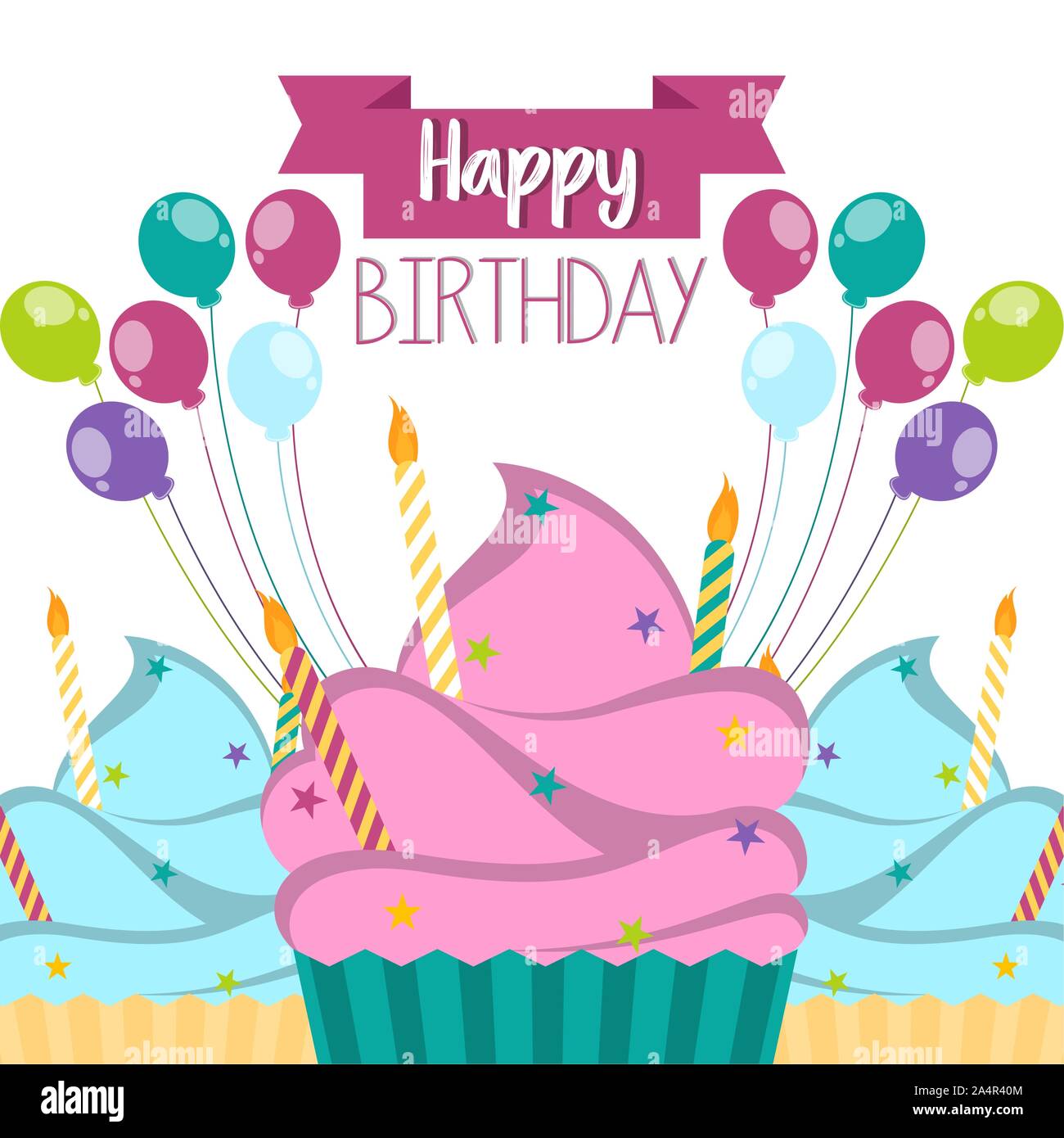Colored birthday card with cupcakes and balloons - Vector Stock Vector ...