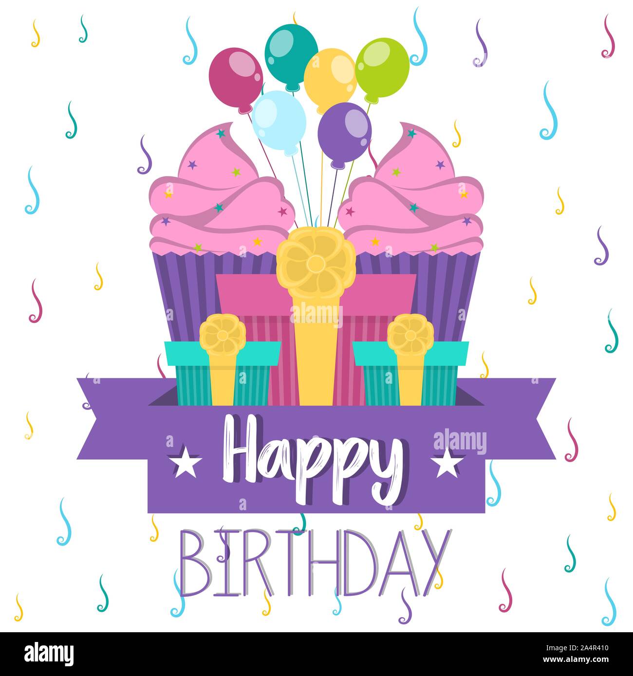 Colored birthday card with cupcakes, presents and balloons - Vector ...