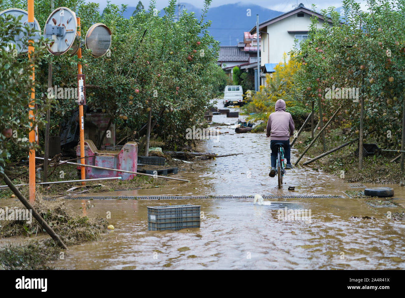 The Chikuma River overflows due to Typhoon Hagibis in Nagano Prefecture ...