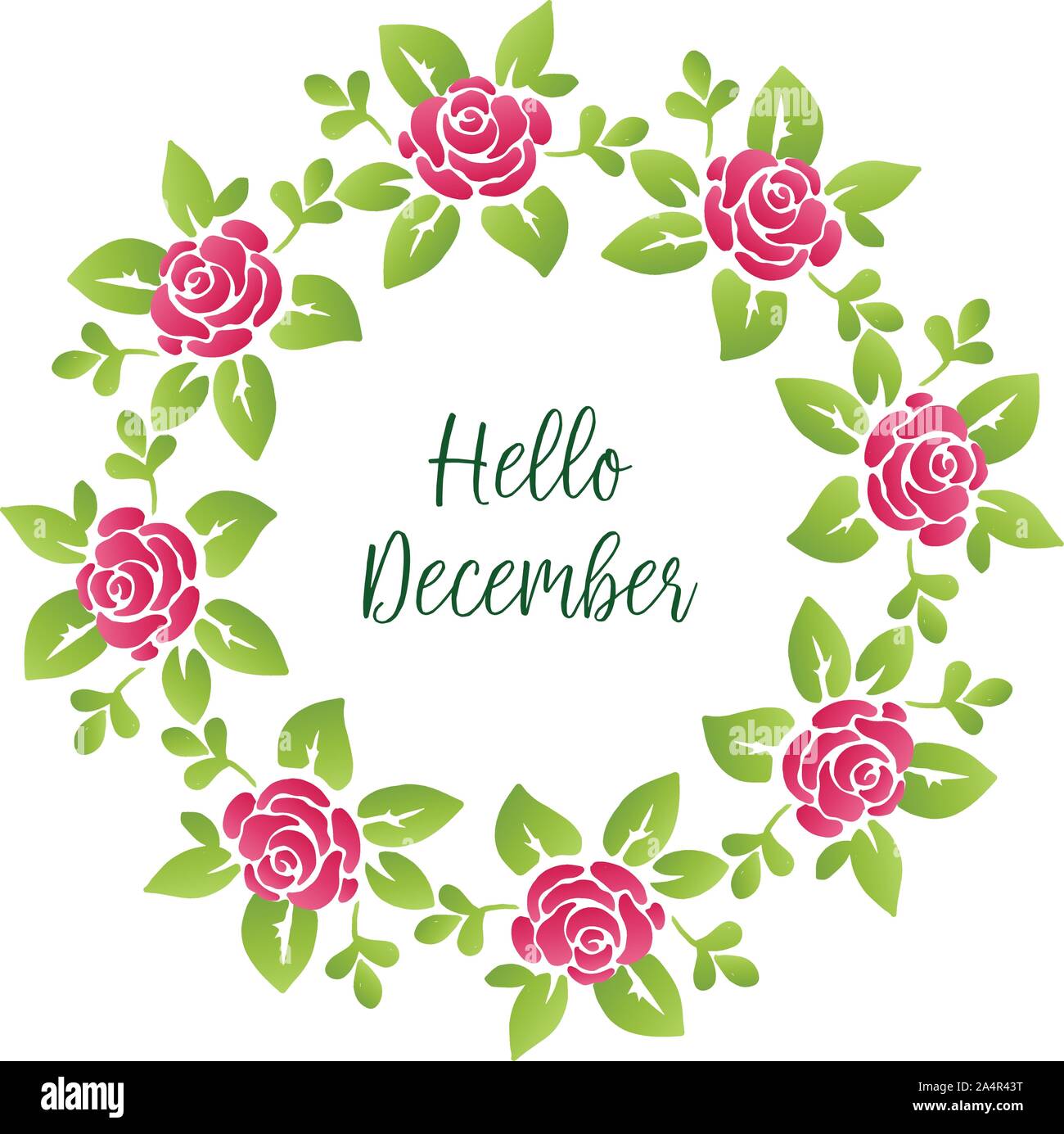 Lettering hello december, with style of pink flower frame and green ...