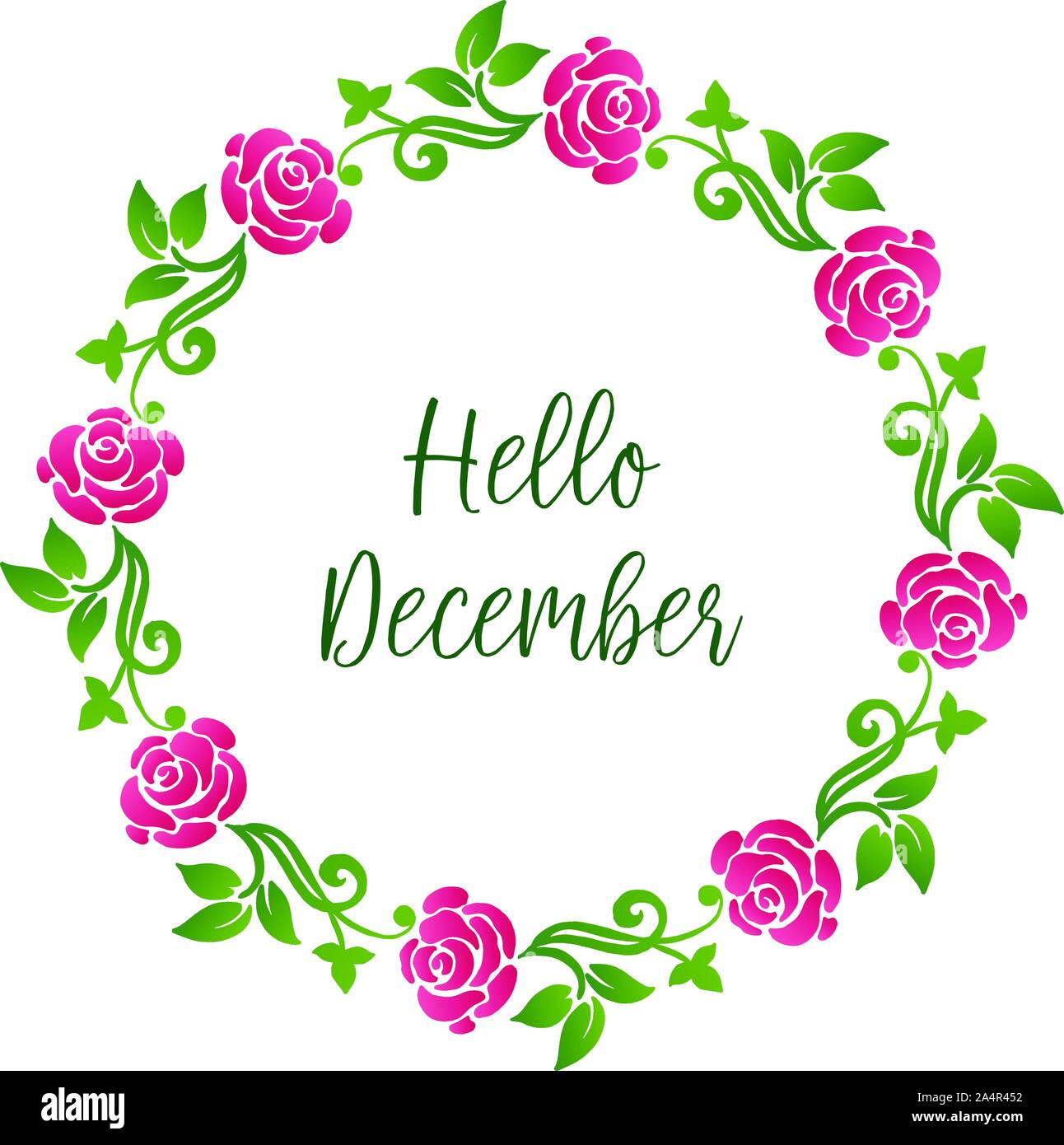 Lettering hello december, with style of pink flower frame and green ...