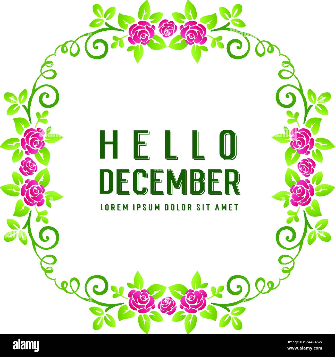 Lettering hello december, with style of pink flower frame and green ...