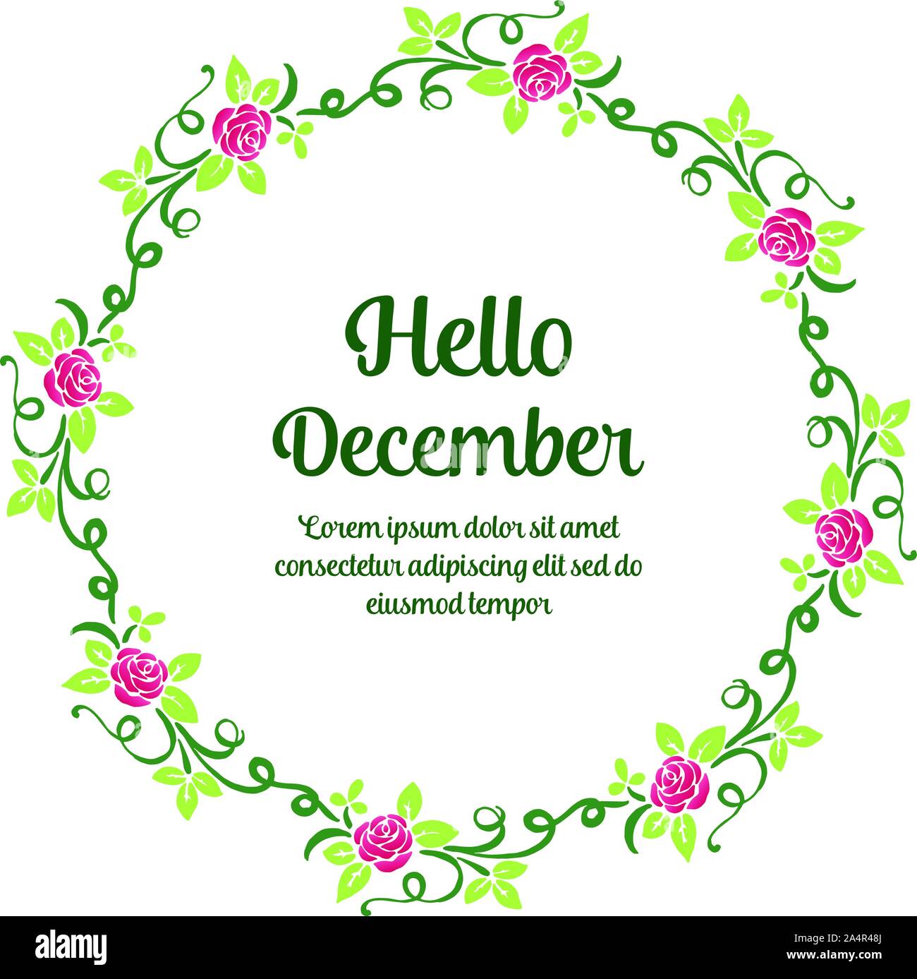 Graphic of card hello december, with design element of pink wreath ...