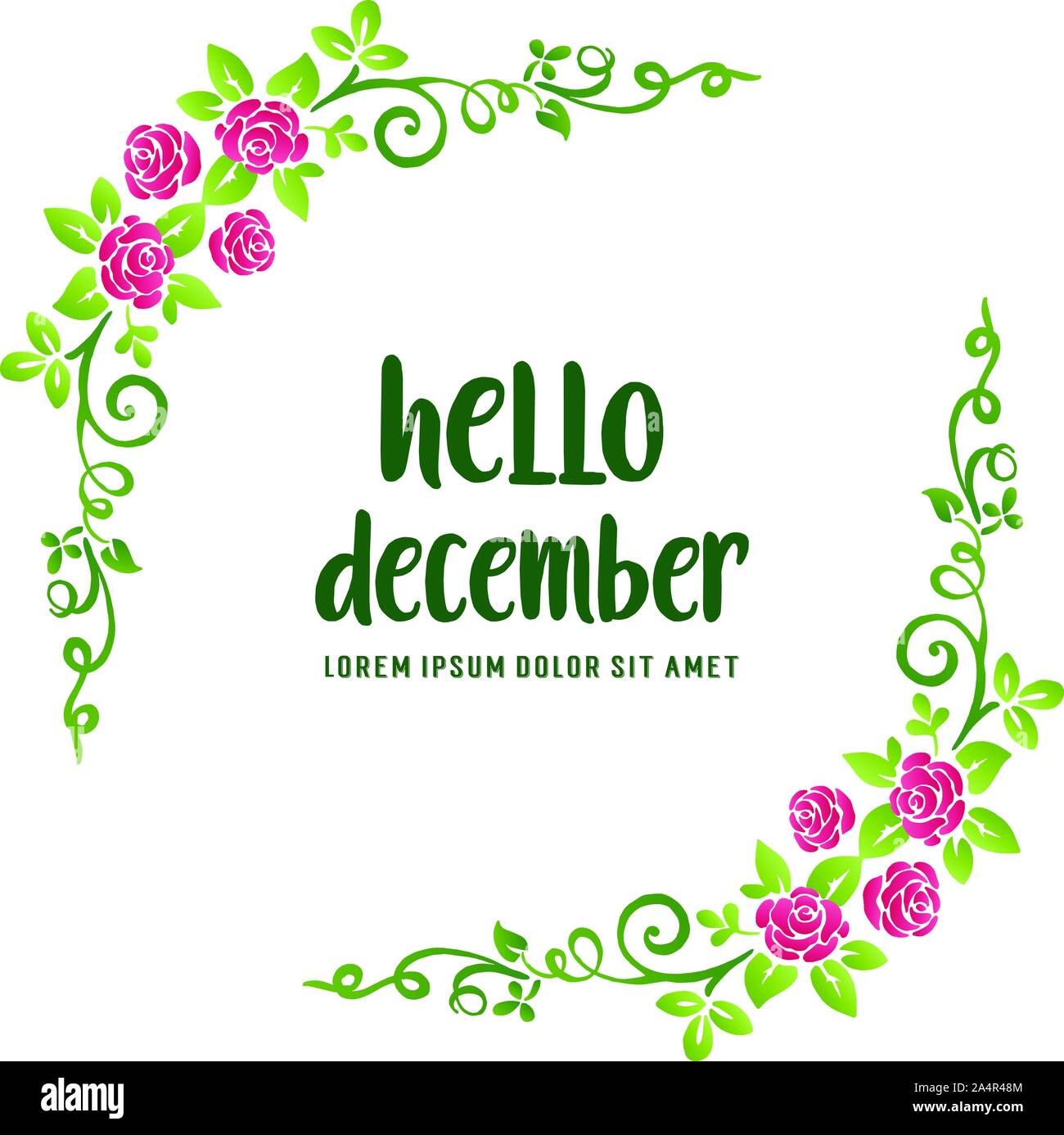 Graphic of card hello december, with design element of pink wreath ...