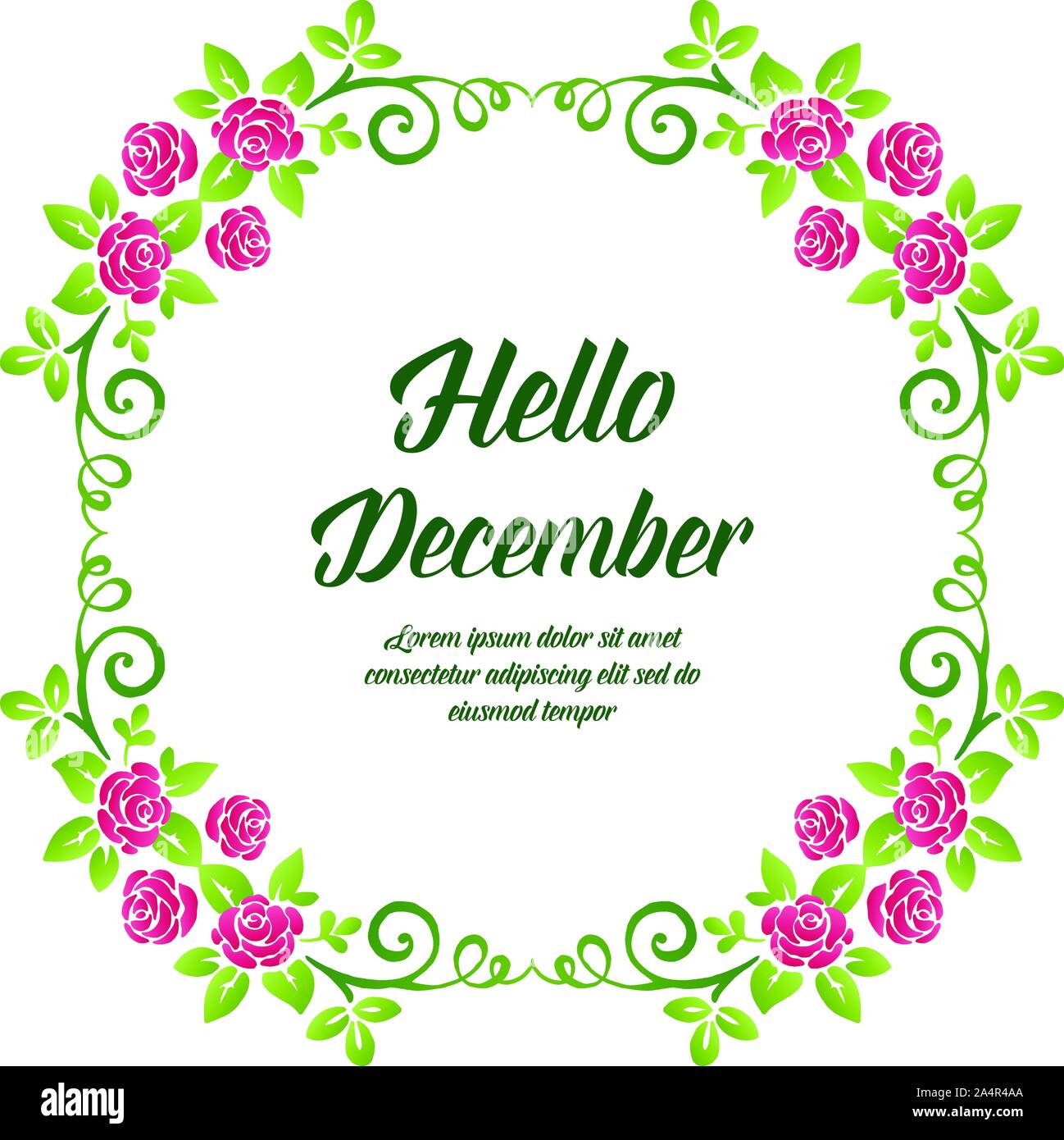 Graphic of card hello december, with design element of pink wreath ...