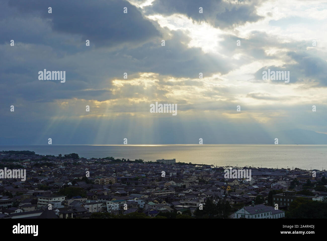 The scenery of Lake Biwa taken from Hikone Castle in Shiga Prefecture ...