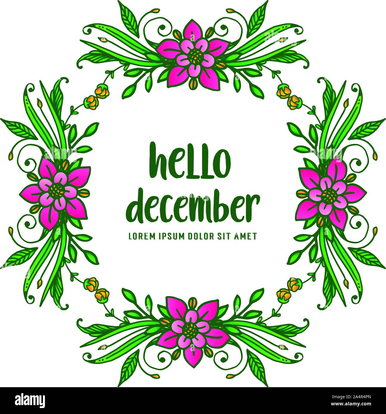Handwritten hello december, with beauty of pink wreath frame. Vector ...