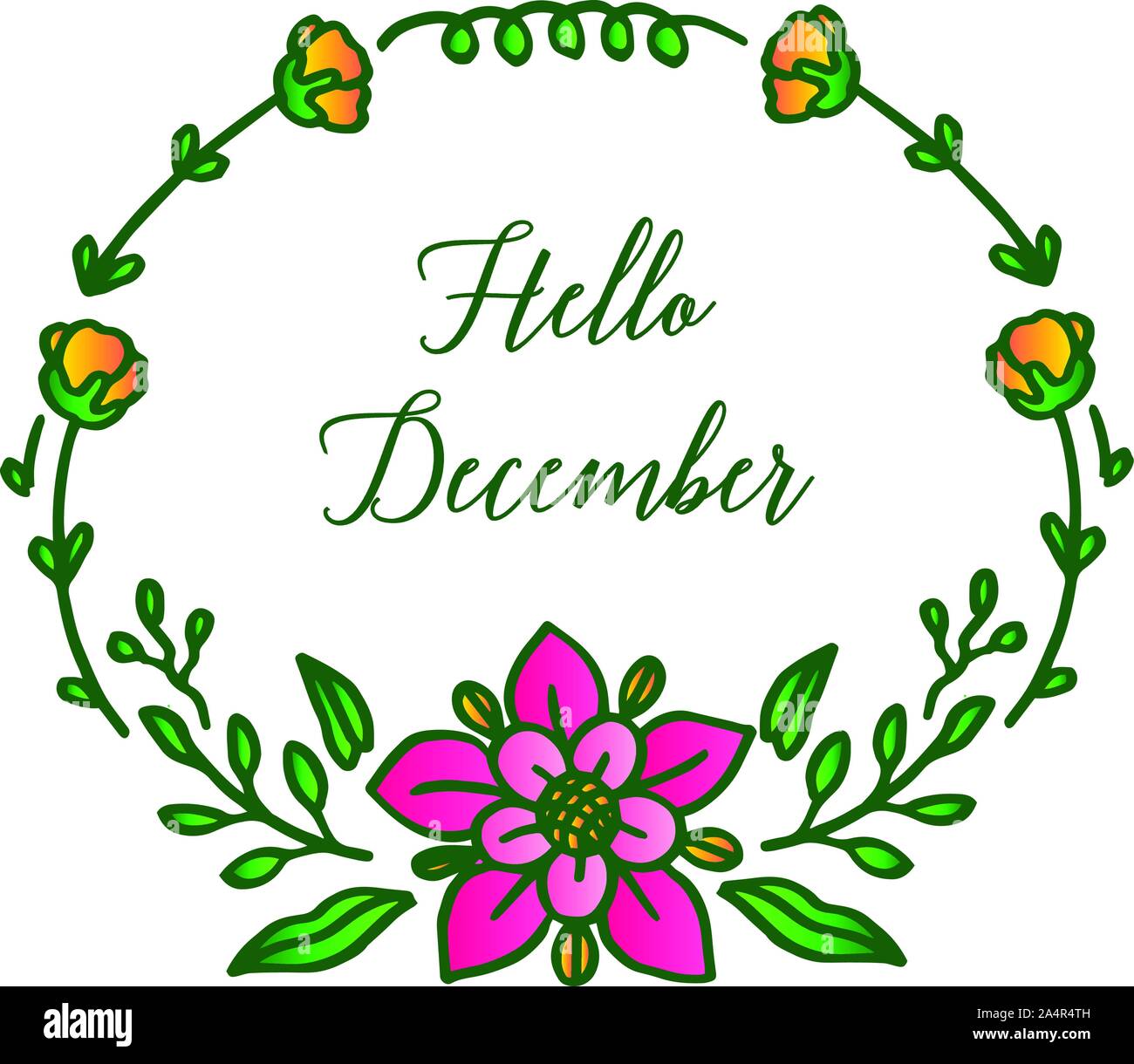 Handwritten hello december, with beauty of pink wreath frame. Vector ...