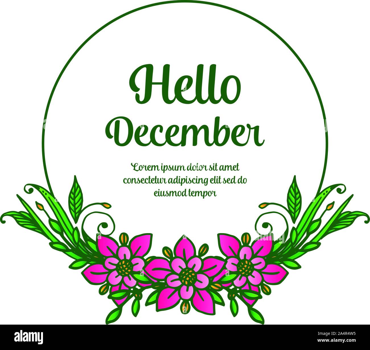 Handwritten hello december, with beauty of pink wreath frame. Vector ...