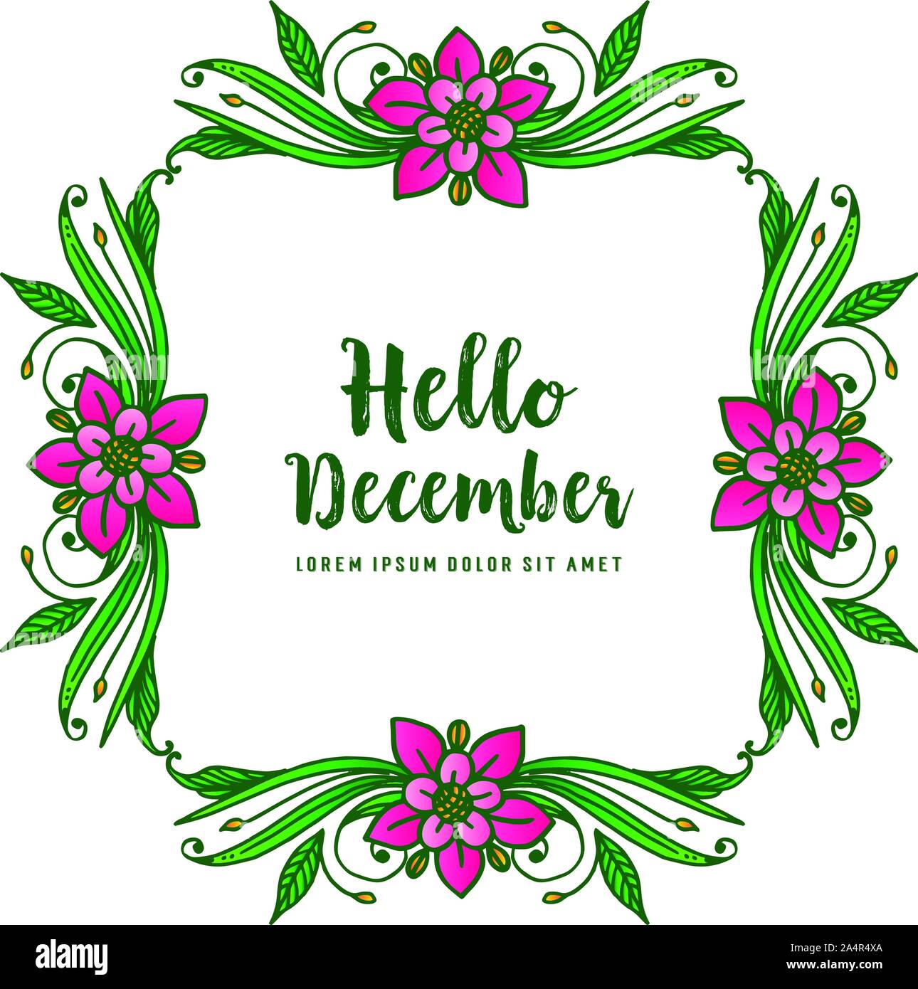 Handwritten hello december, with beauty of pink wreath frame. Vector ...