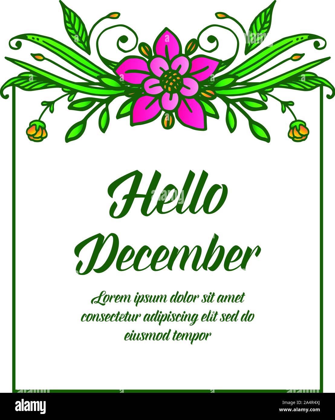 Handwritten hello december, with beauty of pink wreath frame. Vector ...