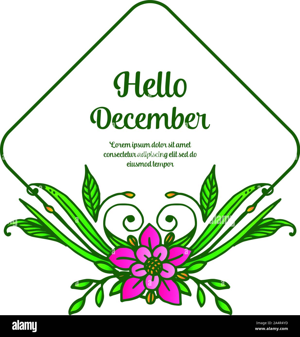 Calligraphy poster hello december, green leaves frame and pink flower ...