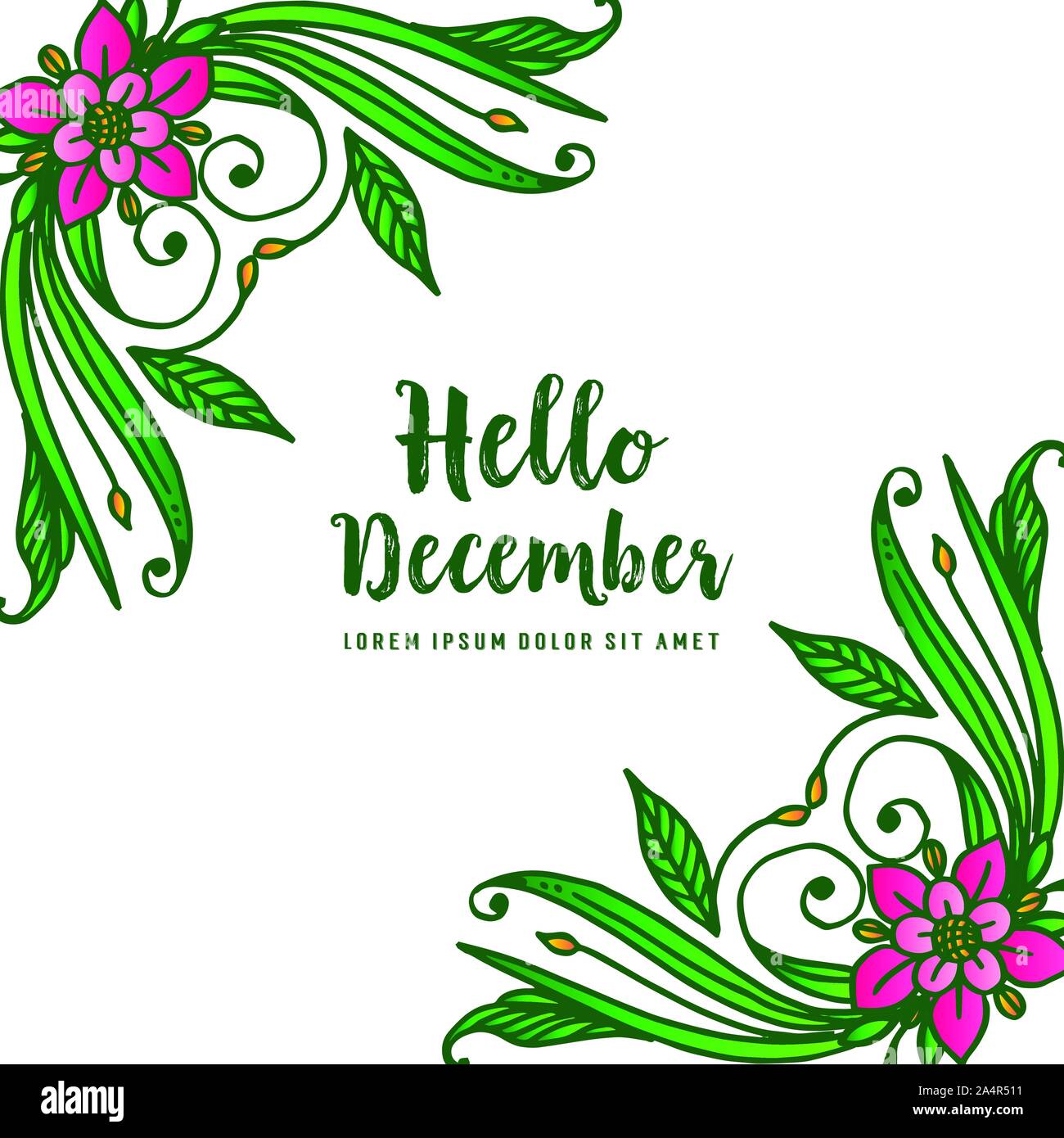 Calligraphy poster hello december, green leaves frame and pink flower ...