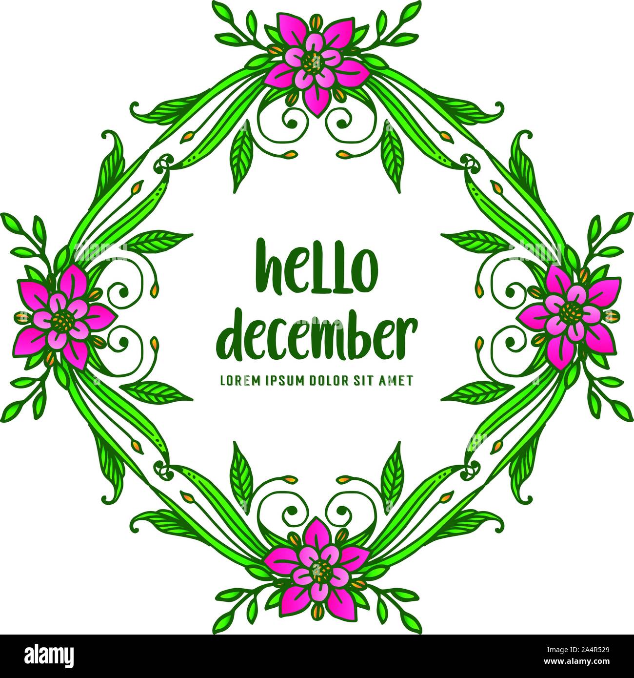 Calligraphy poster hello december, green leaves frame and pink flower ...