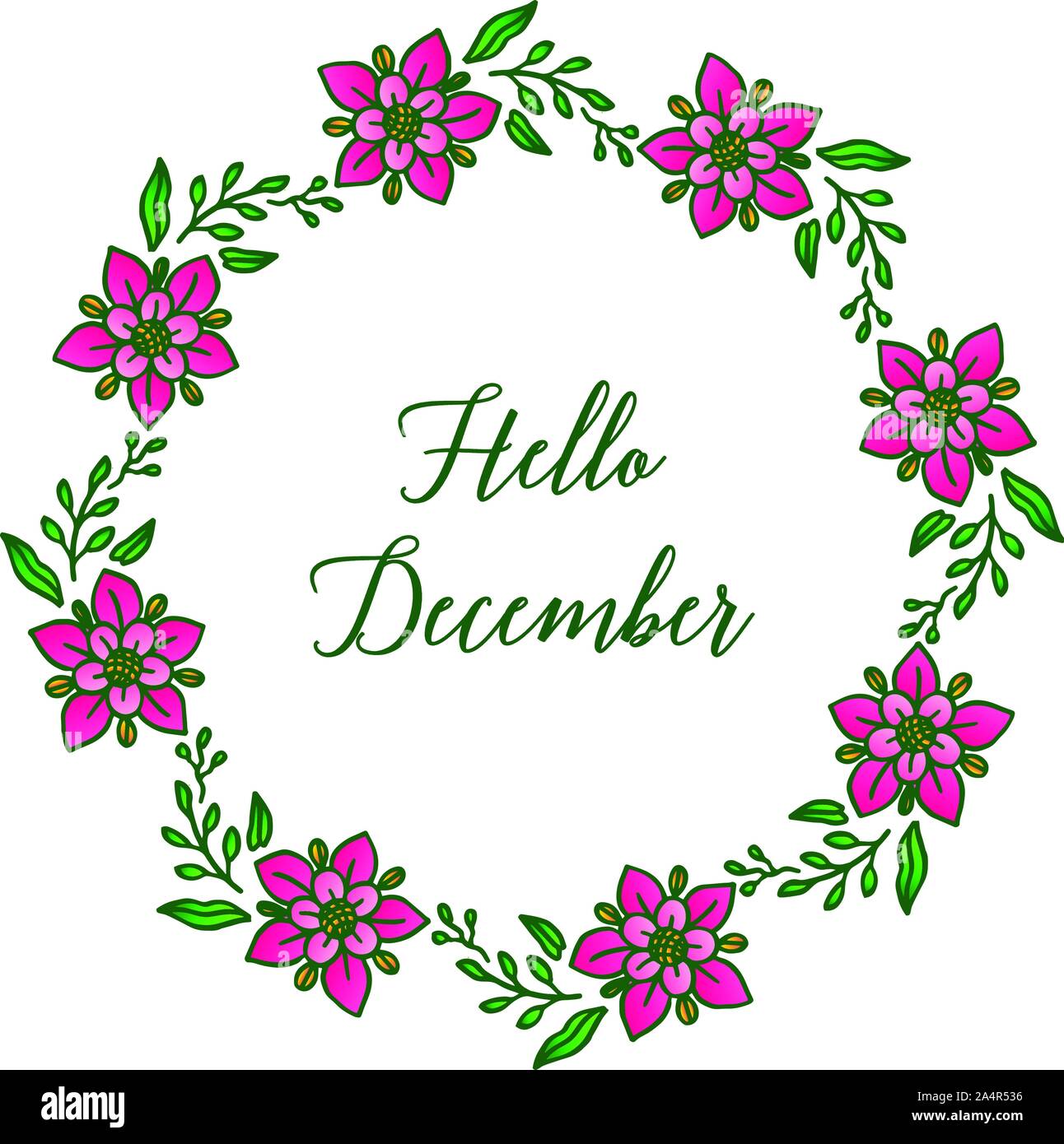 Calligraphy poster hello december, green leaves frame and pink flower ...