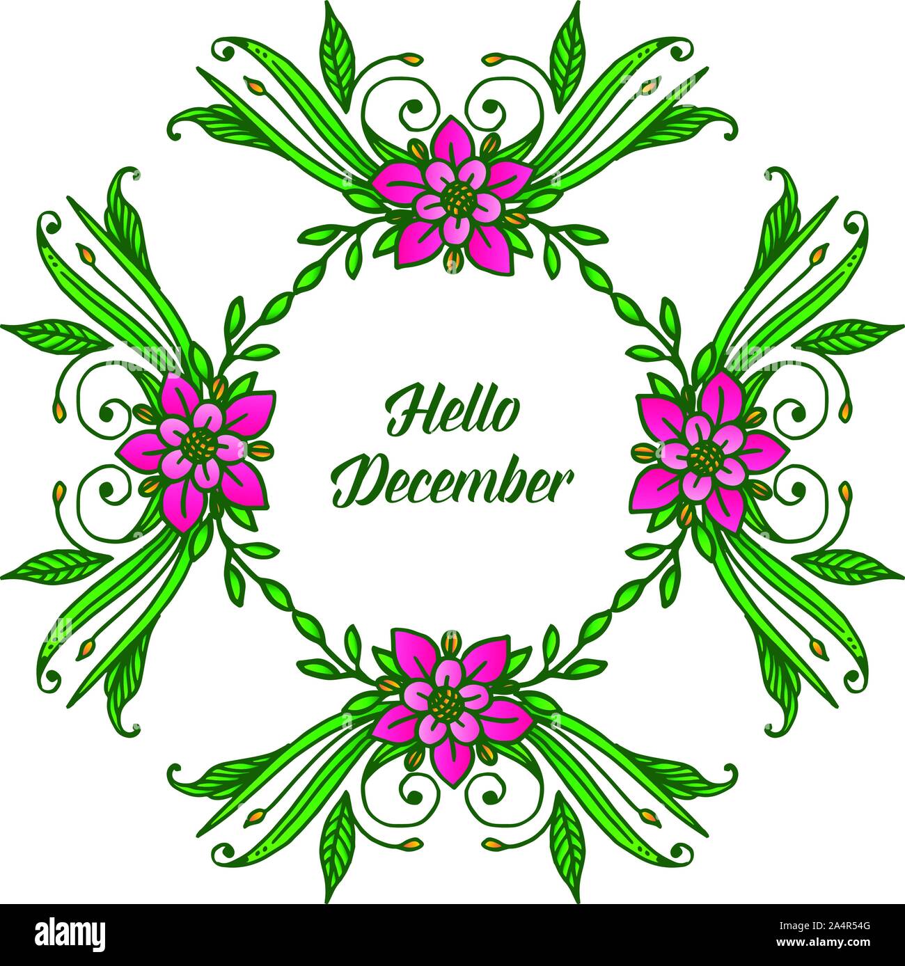 Calligraphy poster hello december, green leaves frame and pink flower ...