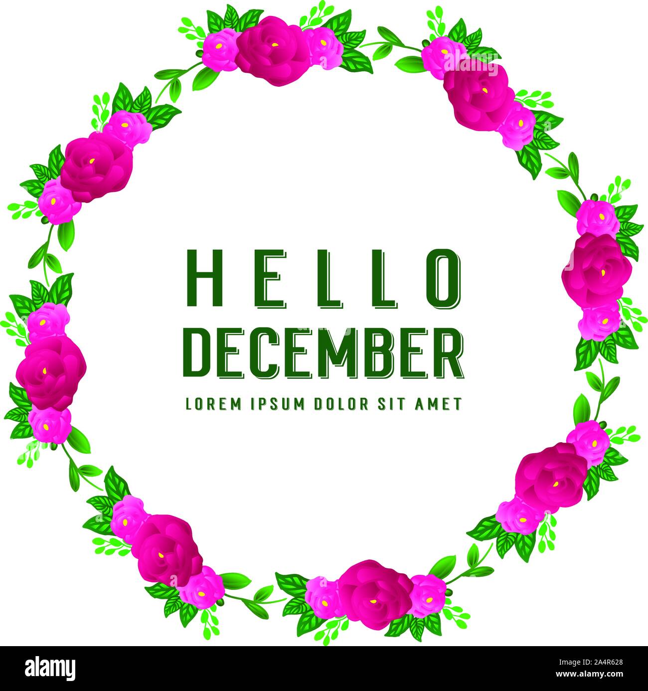 Design lettering hello december, with nature pink rose flower frame ...
