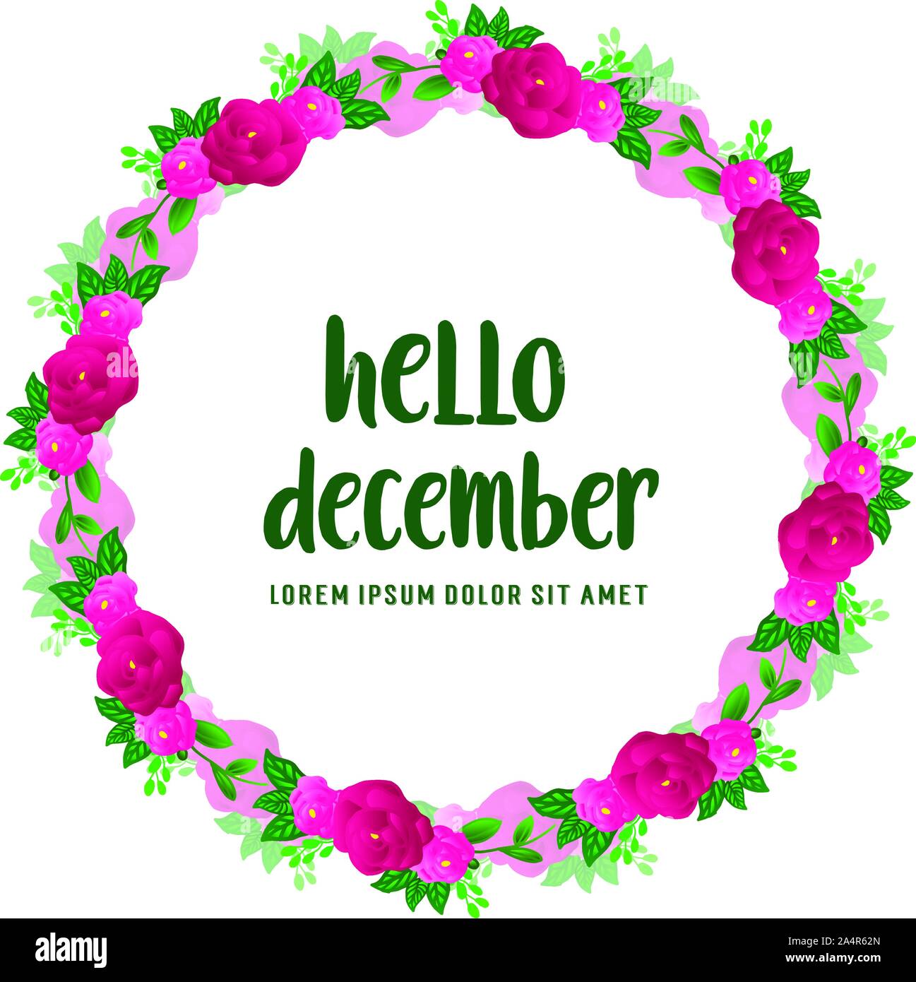Design lettering hello december, with nature pink rose flower frame ...