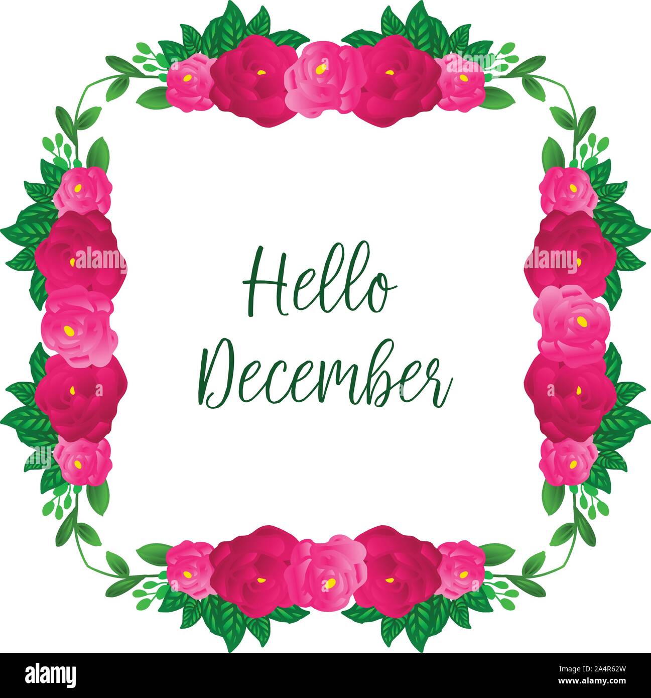 Cute pink rose wreath frame, for design of text hello december. Vector ...