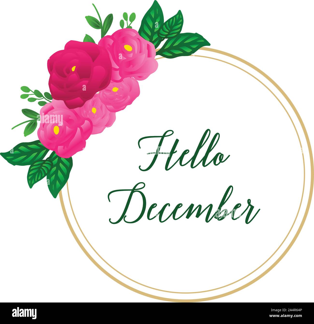 Cute pink rose wreath frame, for design of text hello december. Vector ...