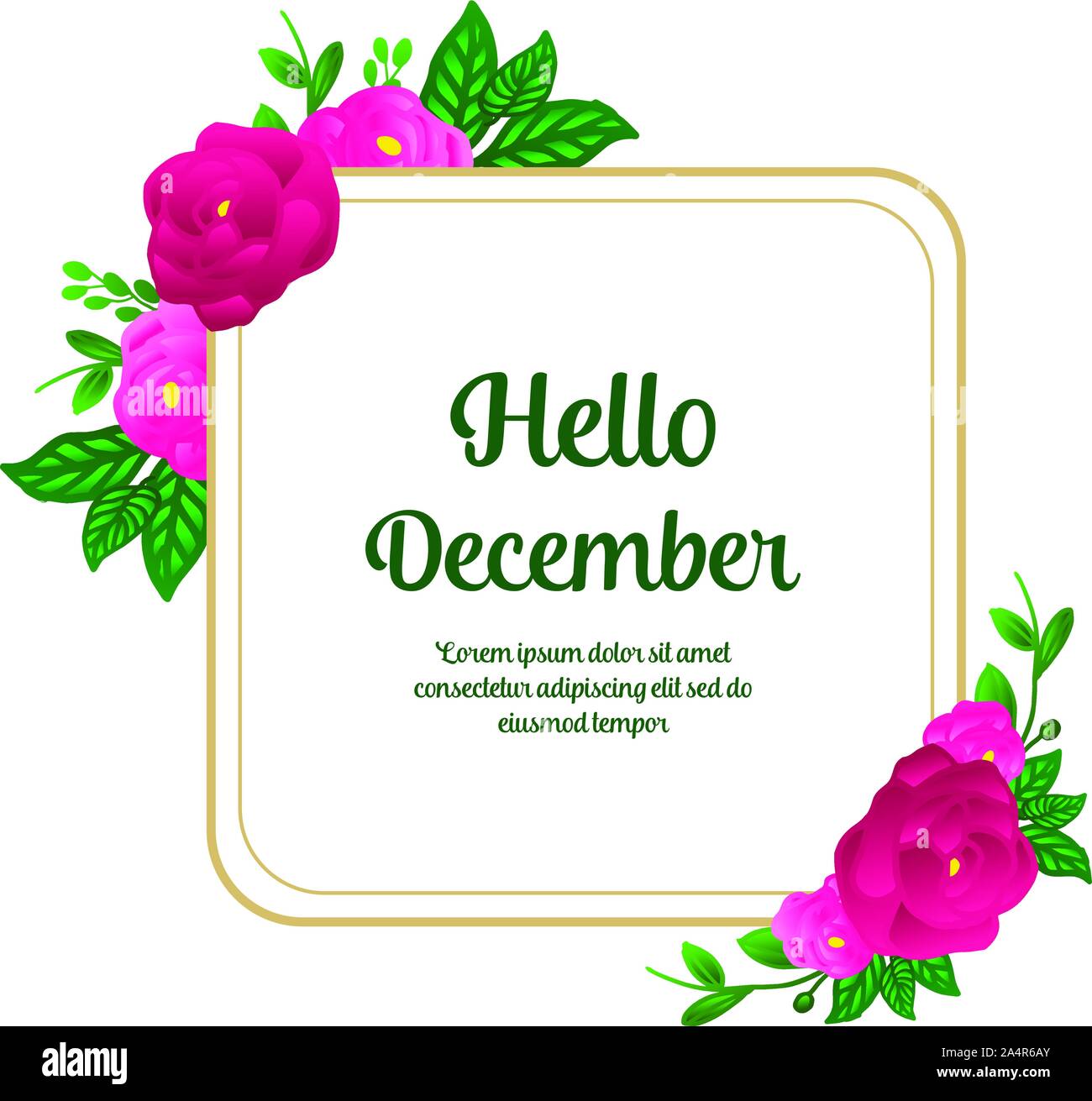 Cute pink rose wreath frame, for design of text hello december. Vector ...