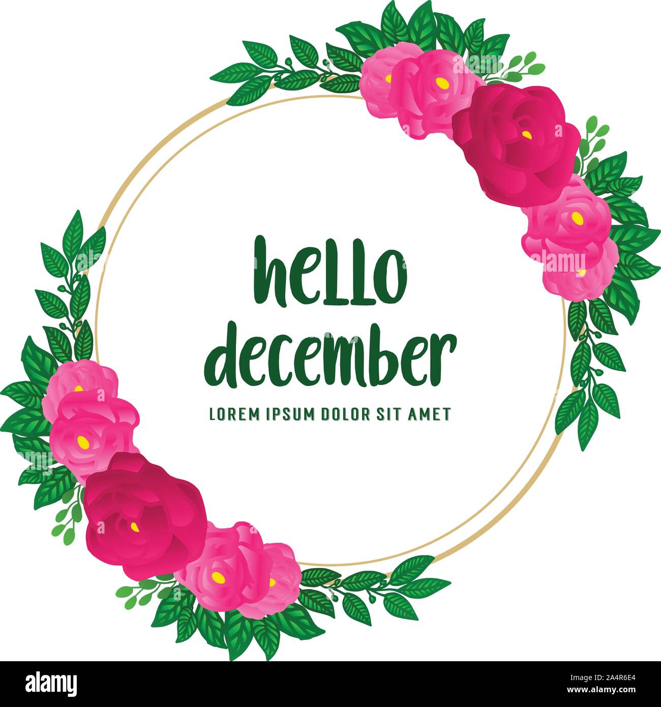 Poster text of hello december, with green leaves frame background and ...