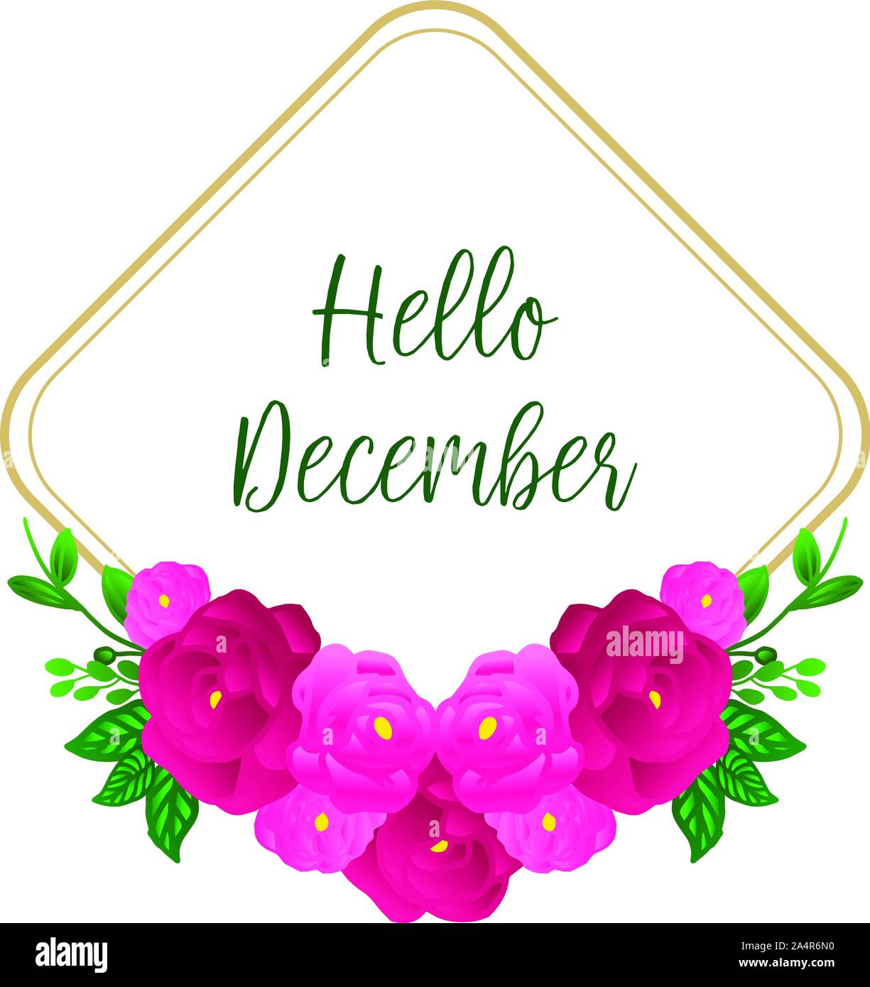 Template of card hello december, with vintage pink rose flower frame ...