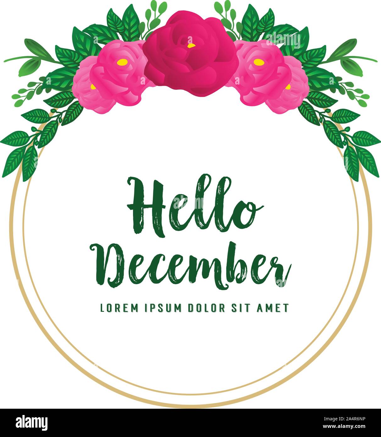 Poster text of hello december, with green leaves frame background and ...