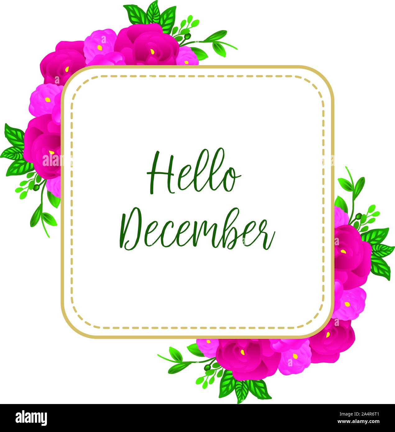 Greeting card text of hello december, with sketch pink rose flower ...
