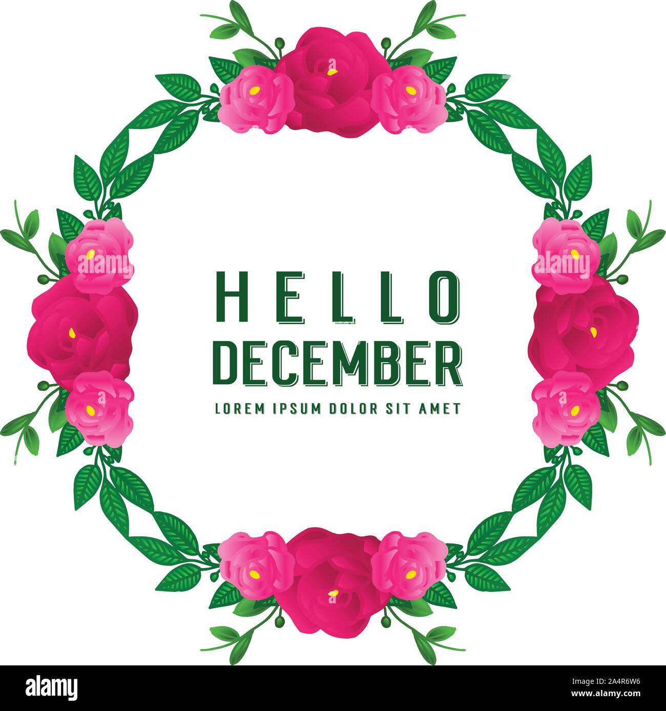 Poster text of hello december, with green leaves frame background and ...