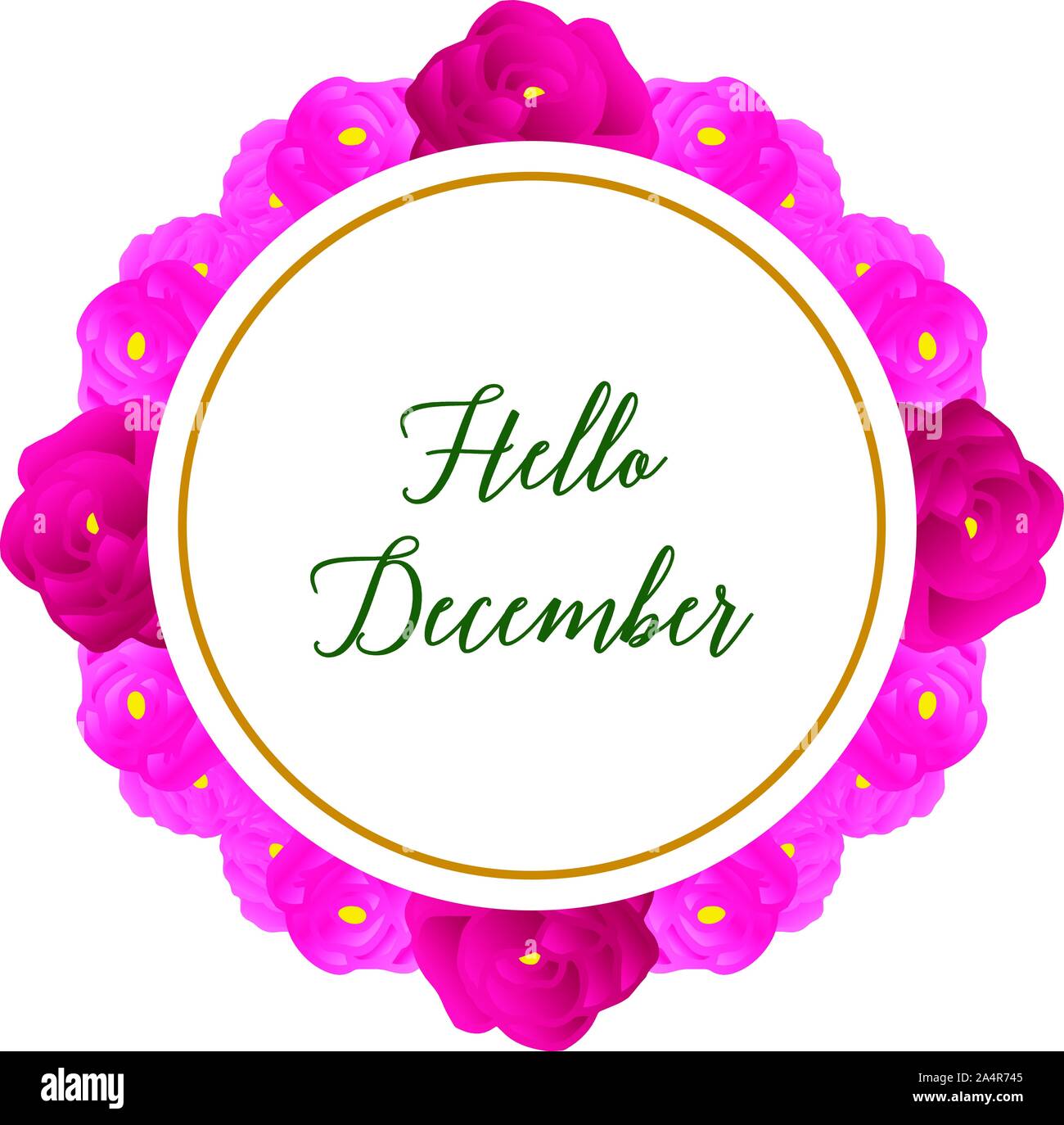 Greeting card text of hello december, with sketch pink rose flower ...