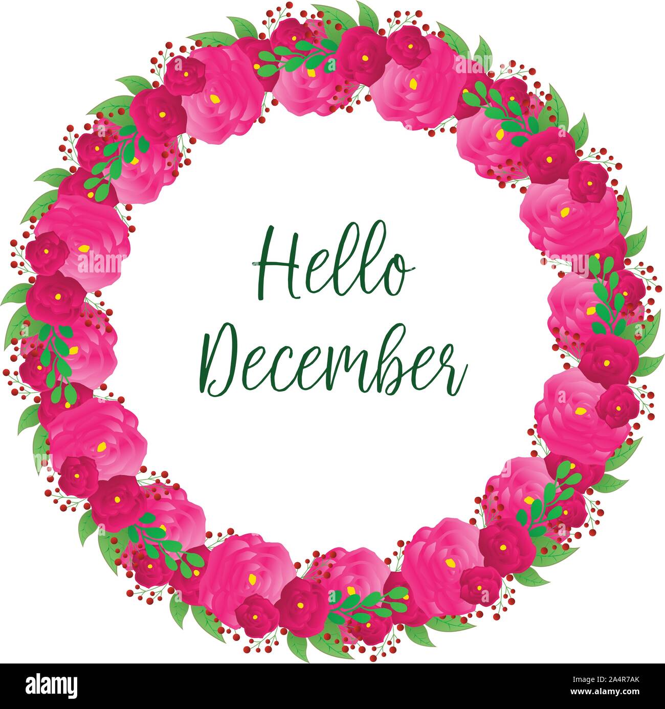 Greeting card hello december, with drawing of pink rose flower frame ...