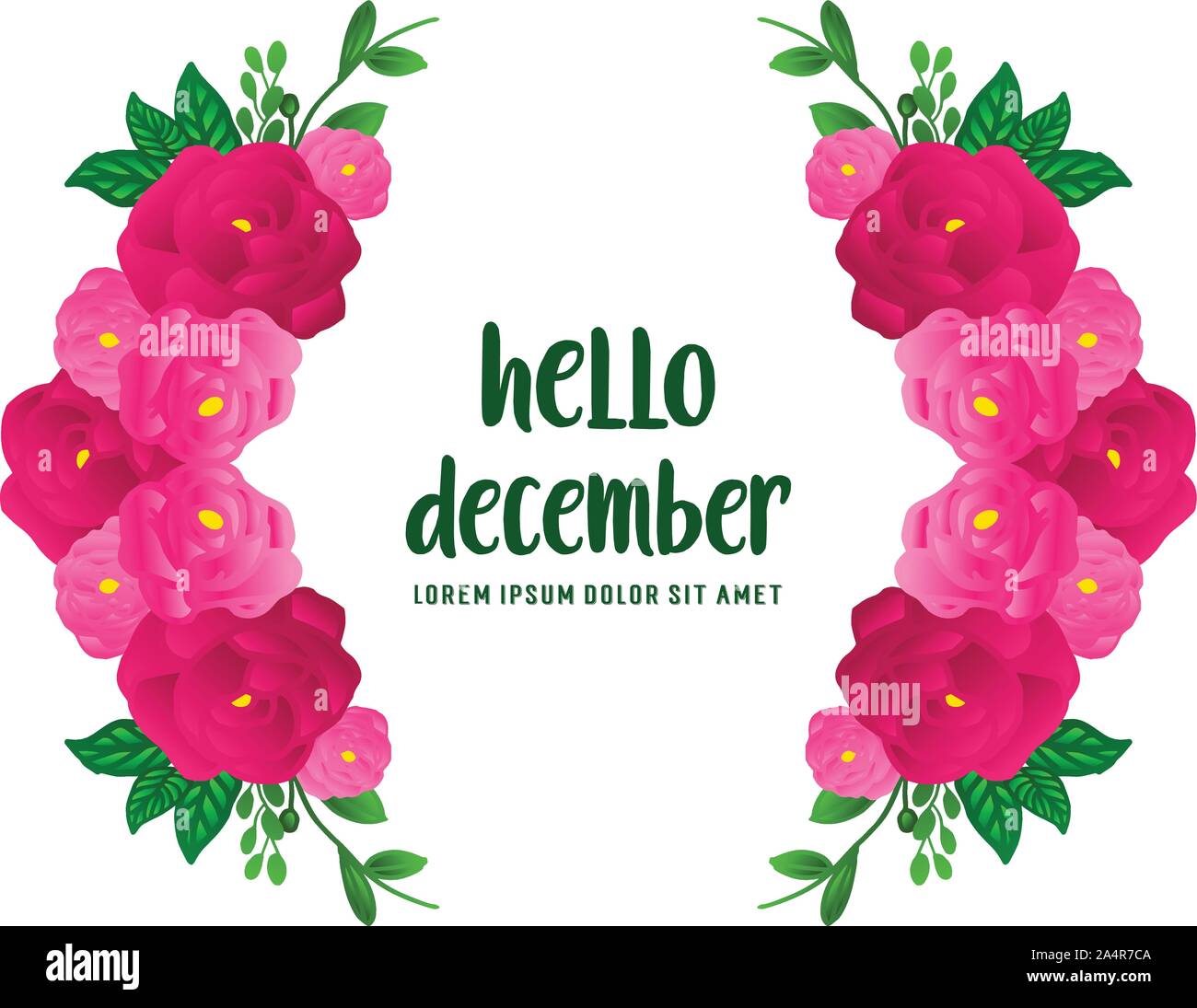 Template hello december, with ornament of pink rose flower frame ...