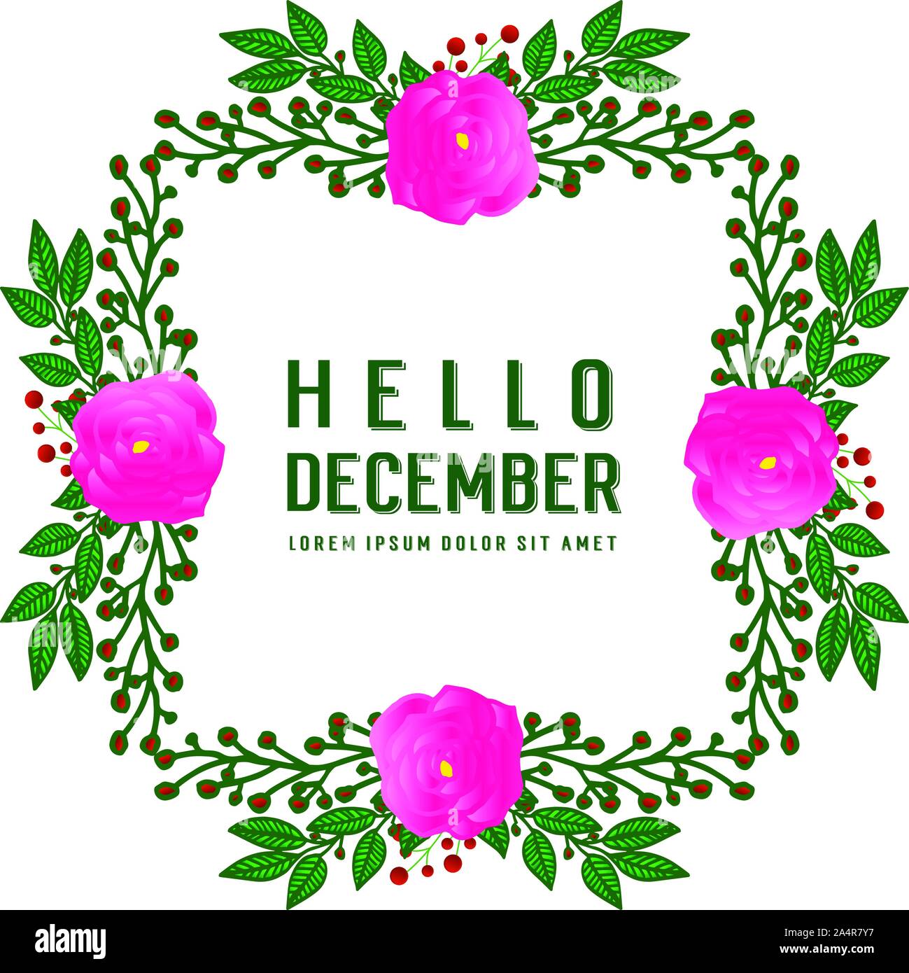 Greeting card hello december, with drawing of pink rose flower frame ...