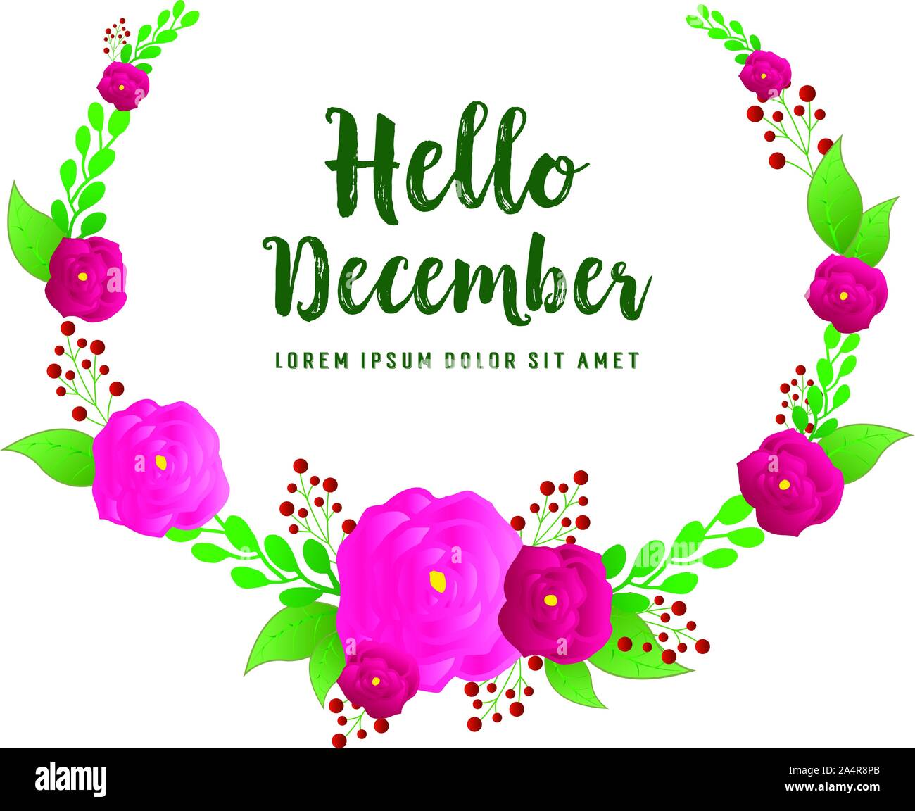Greeting card hello december, with drawing of pink rose flower frame ...