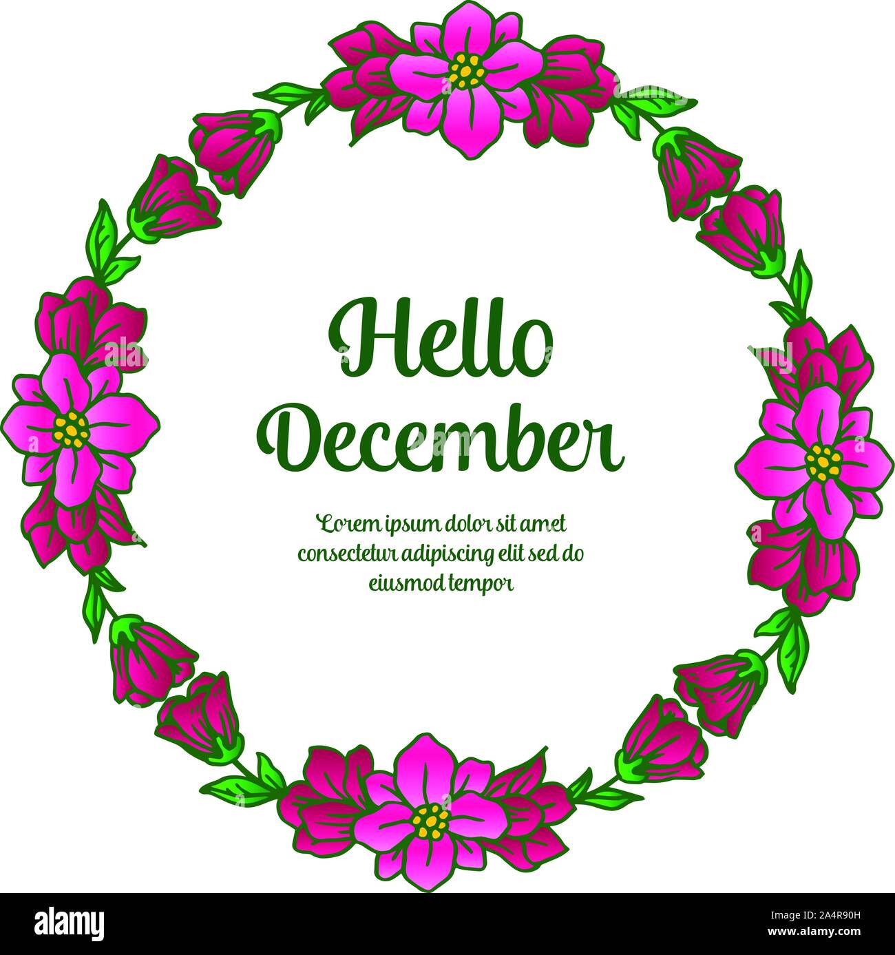 Lettering of card hello december, with design of abstract pink rose ...