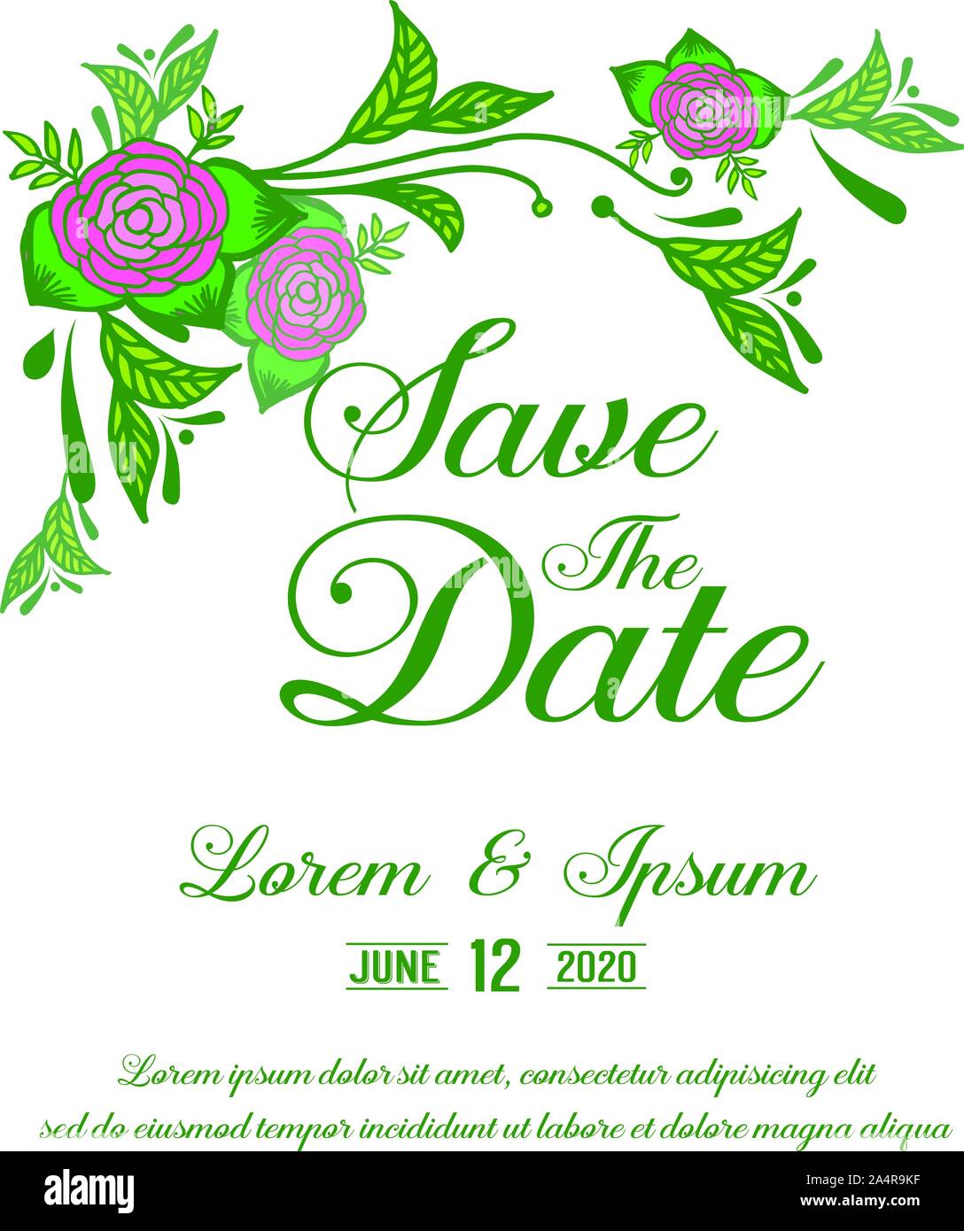 Template of card save the date, with green leafy flower frame border ...