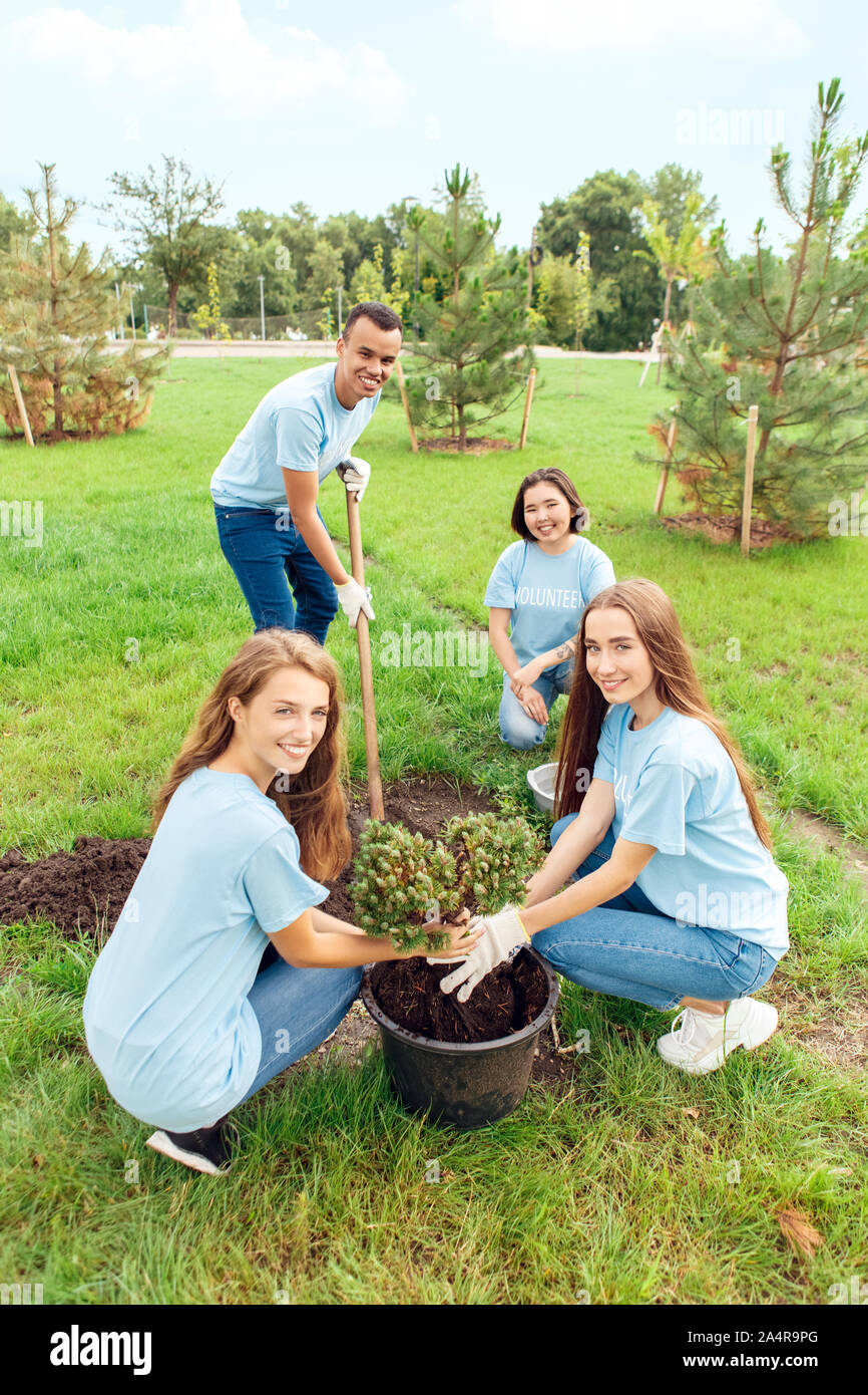 Volunteering. Young people volunteers outdoors planting together ...
