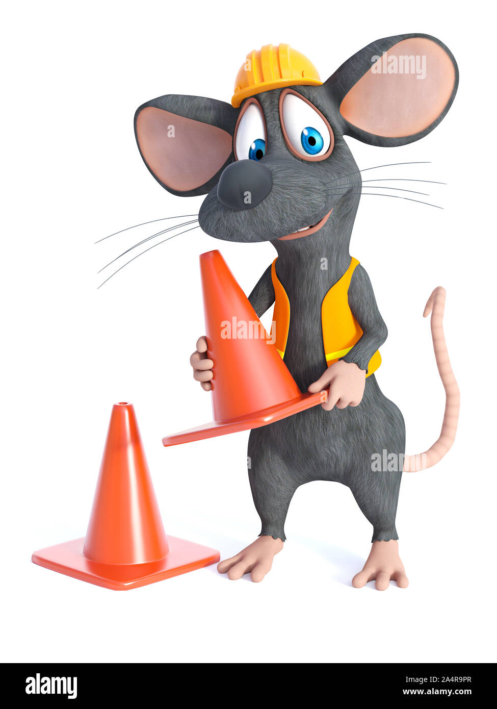 3D rendering of a cute cartoon mouse dressed as a construction woker ...
