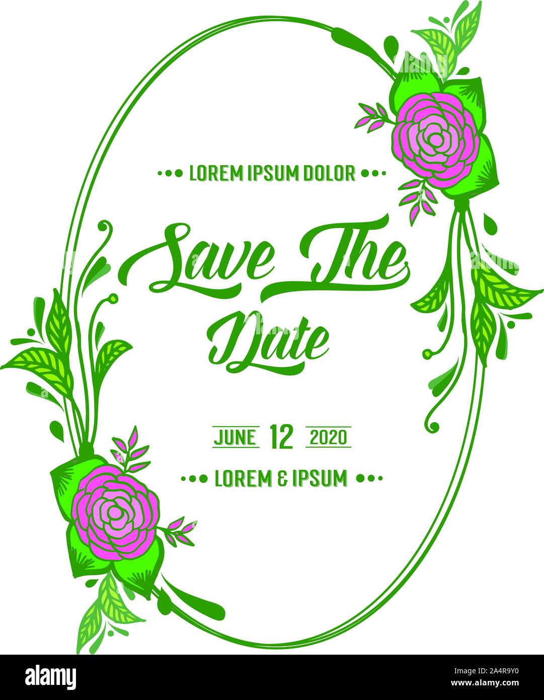 Template of card save the date, with green leafy flower frame border ...