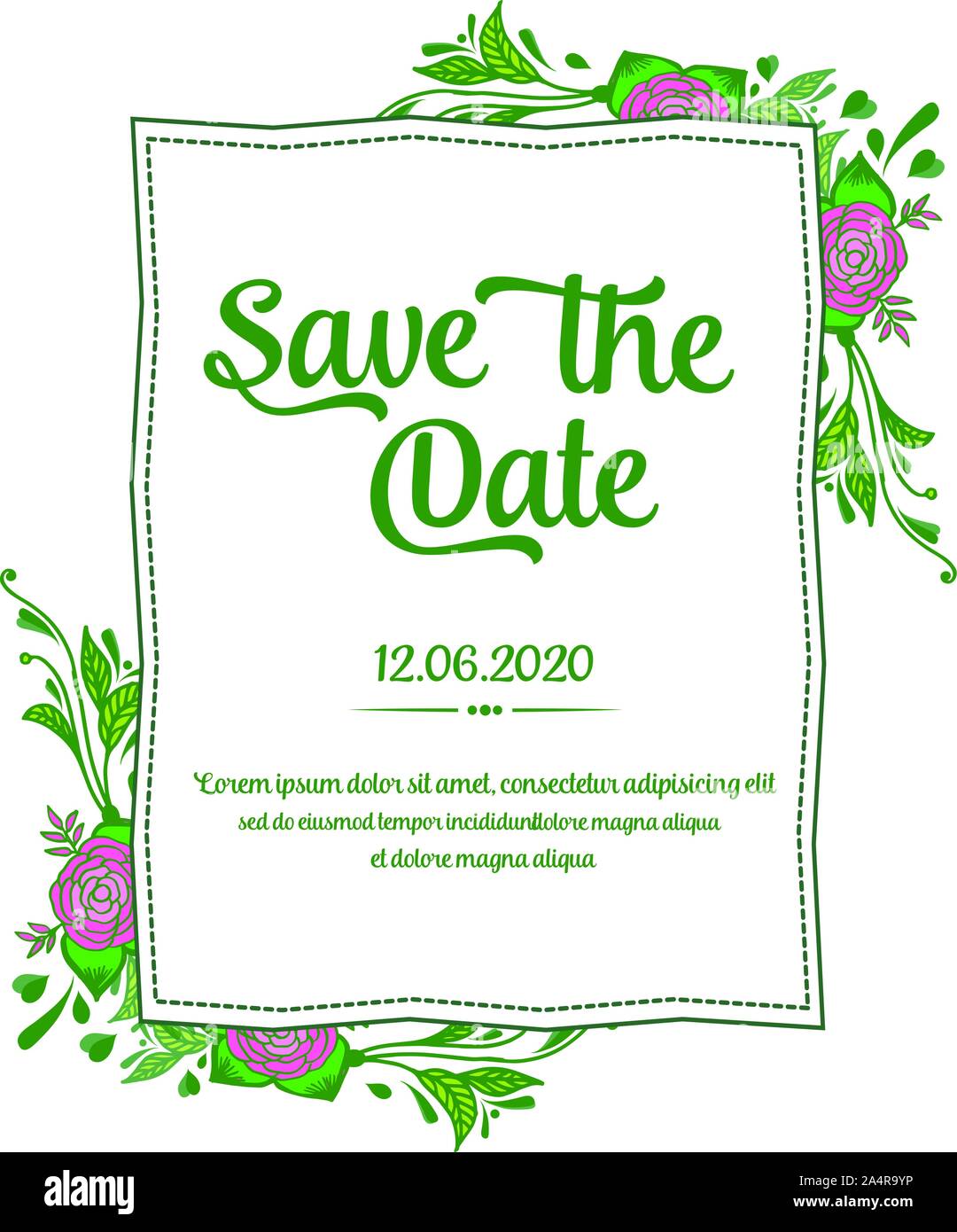 Template of card save the date, with green leafy flower frame border ...
