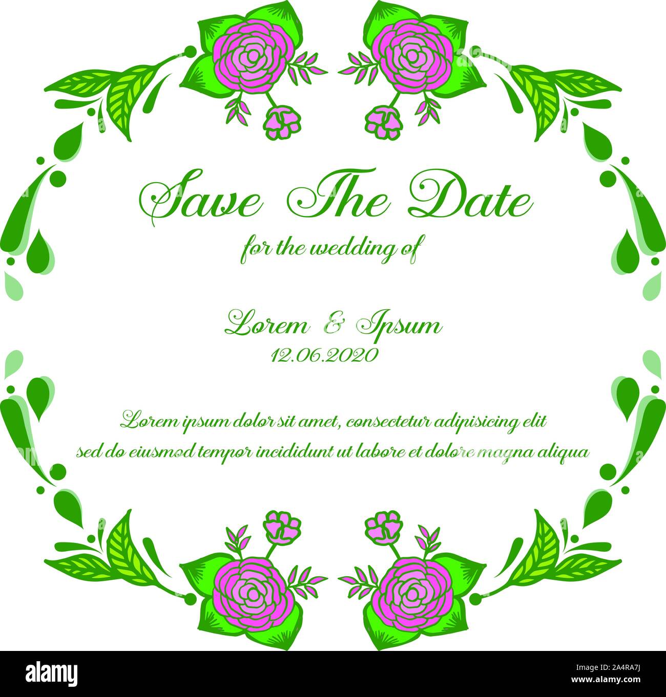 Template of card save the date, with green leafy flower frame border ...