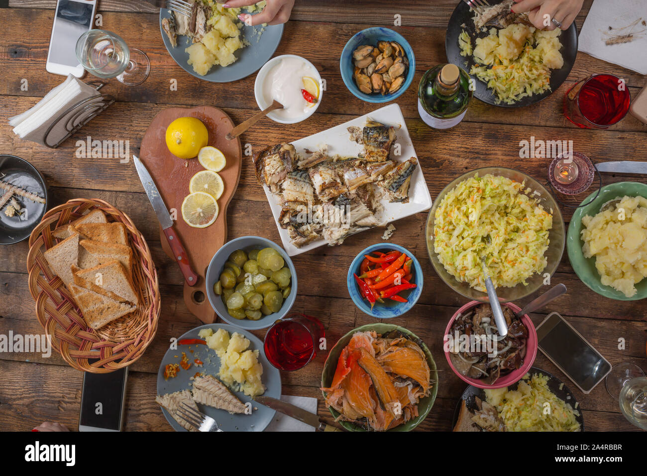 Thanksgiving dinner table. Overhead view Stock Photo - Alamy