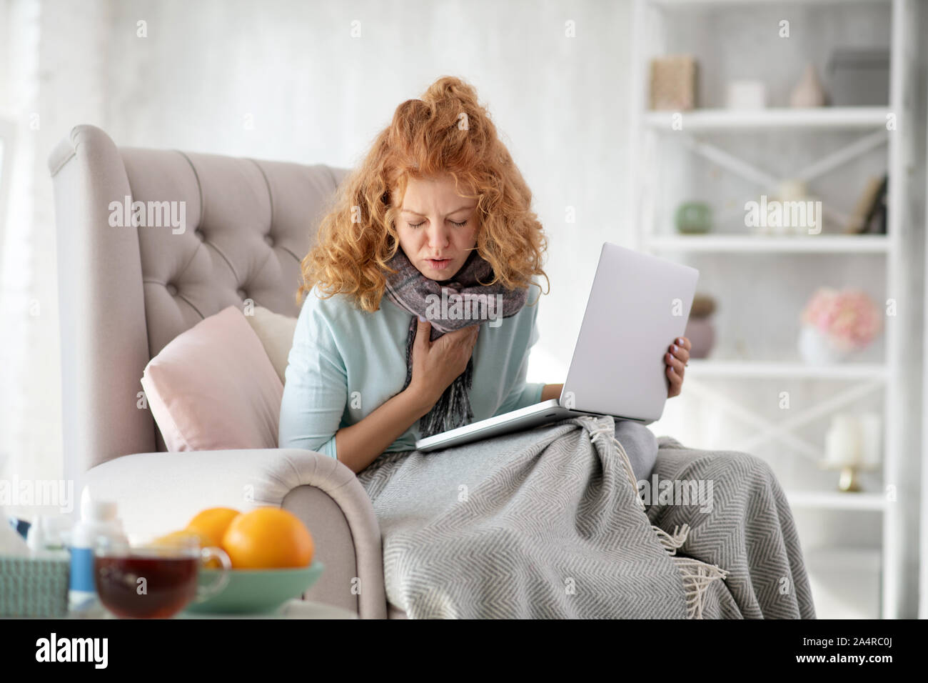 Woman coughing sick fever hi-res stock photography and images - Alamy