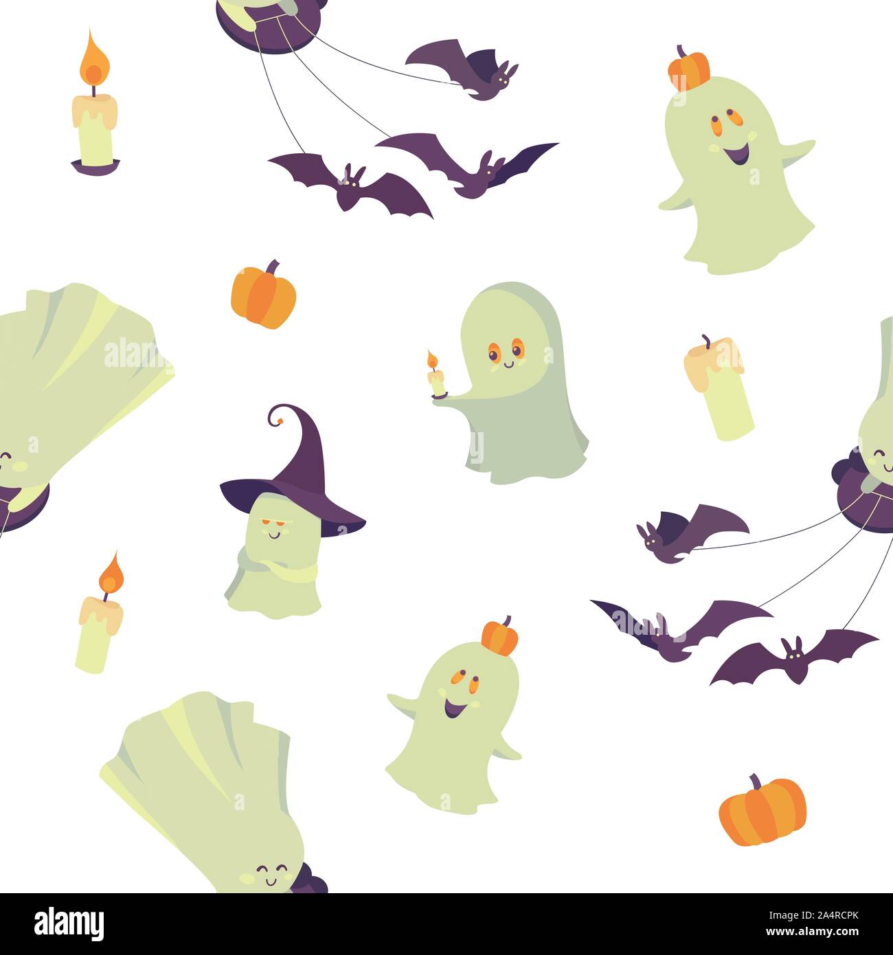 Vector seamless pattern with smiling ghosts, pumpkins, candles and bats ...