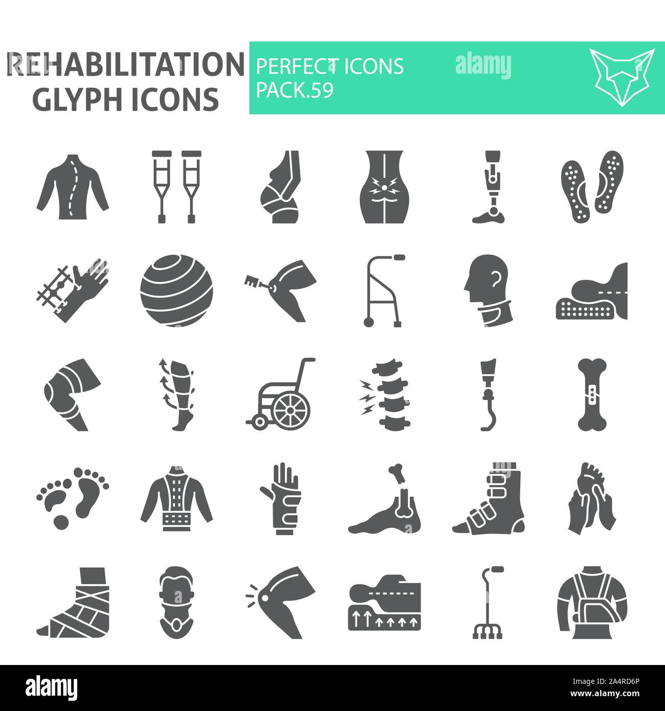 Rehabilitation glyph icon set, therapy symbols collection, vector ...