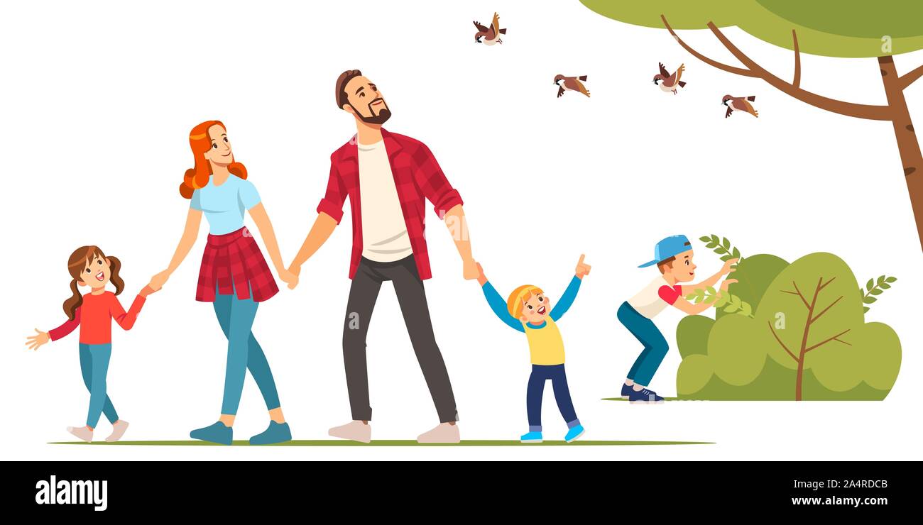 Happy family and hiking. Father, mother and children are traveling ...