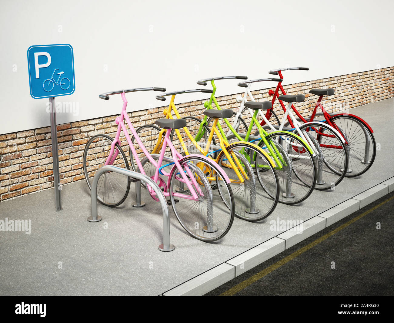 Colorful bicycles in bicycle parking area. 3D illustration Stock Photo ...